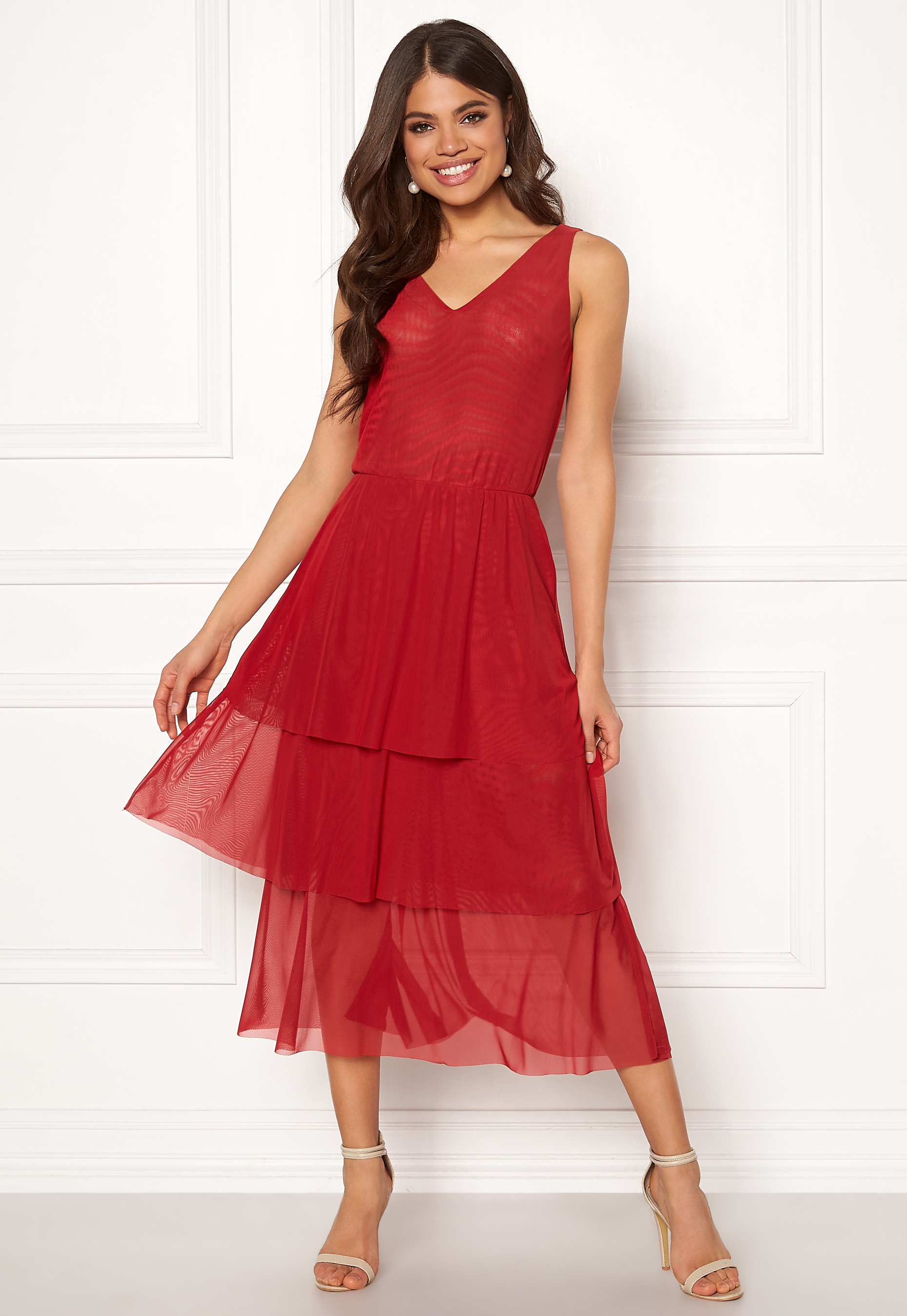Rut & Circle Mesh V-neck Dress Red - Bubbleroom